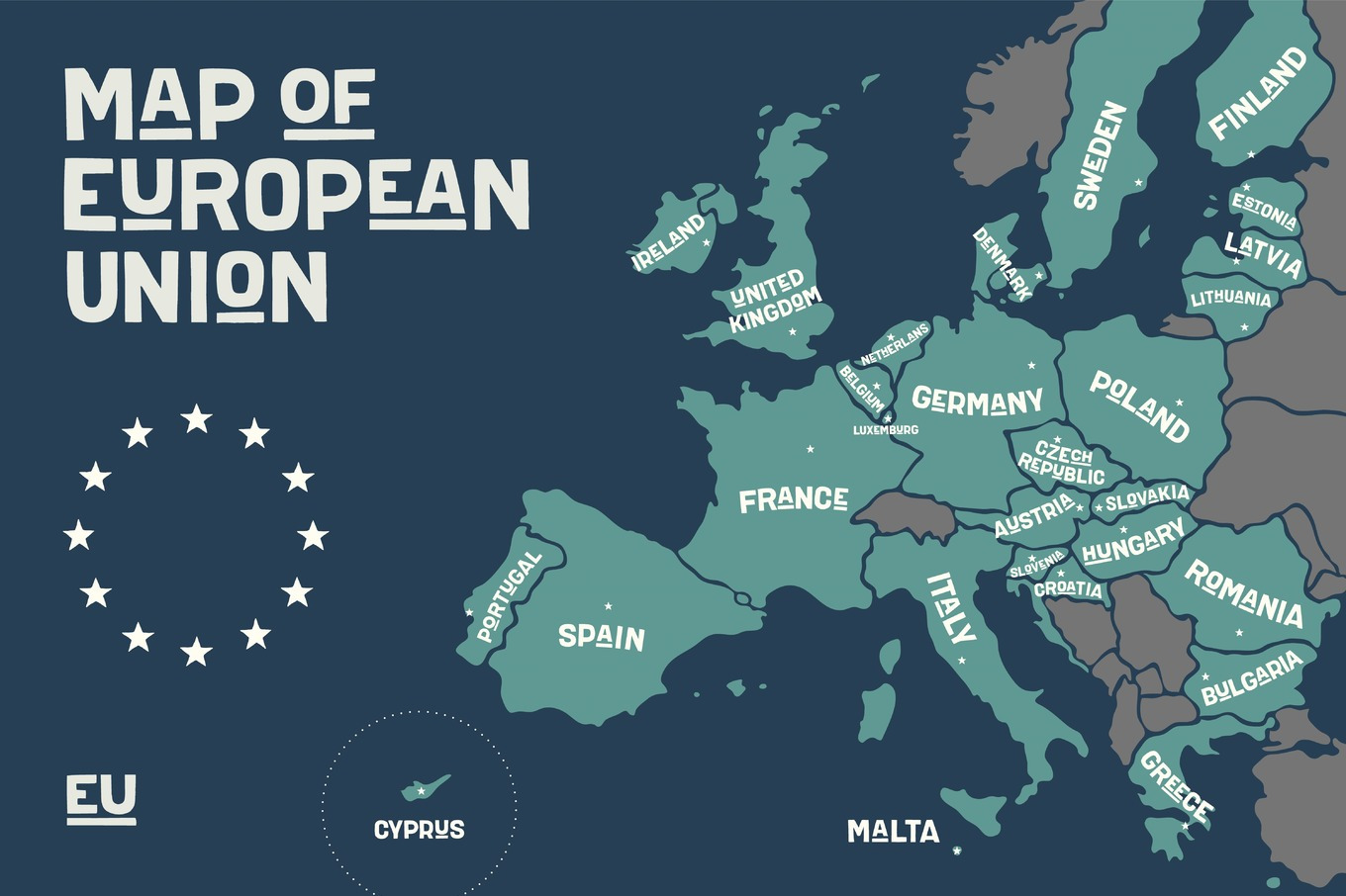Poster map of the European Union with country names, an Illustration by ...