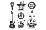 Vintage rock and roll music vector labels, emblems, badges, sticker ...