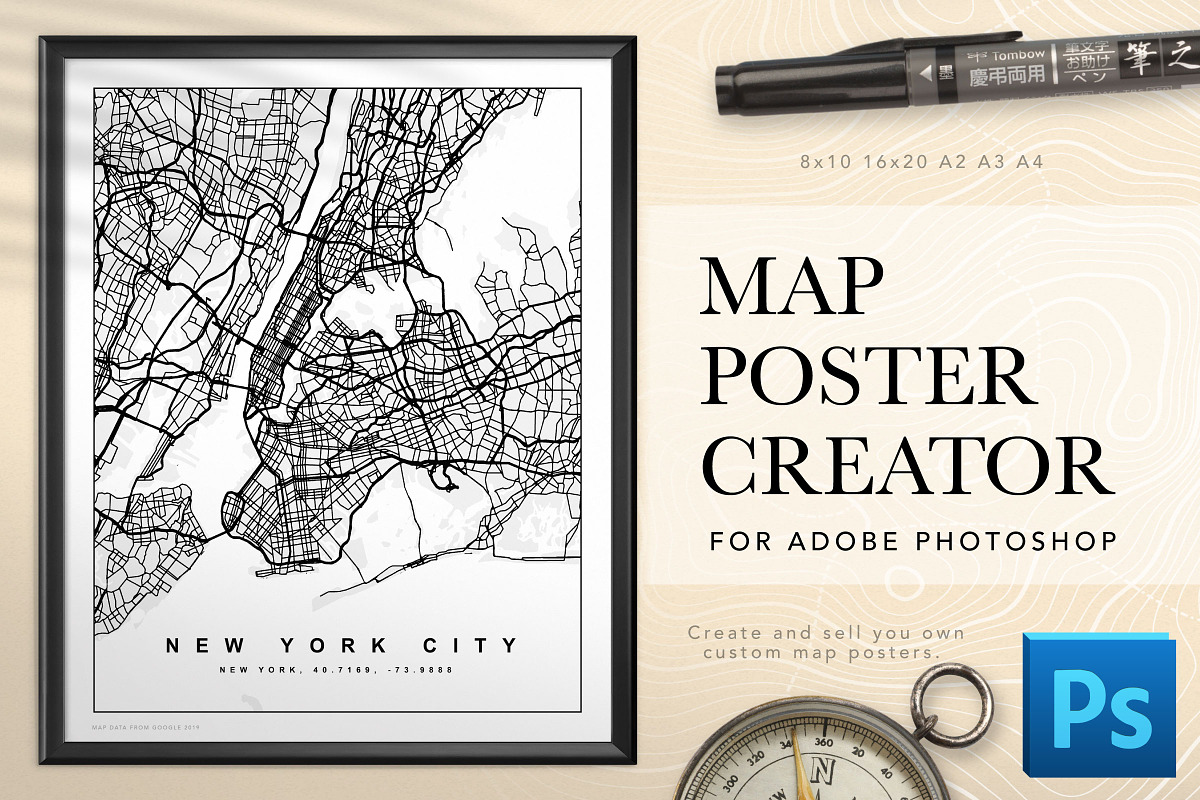 Map Poster Creator for Photoshop, a Plug-in Add-On by Drifter Studio