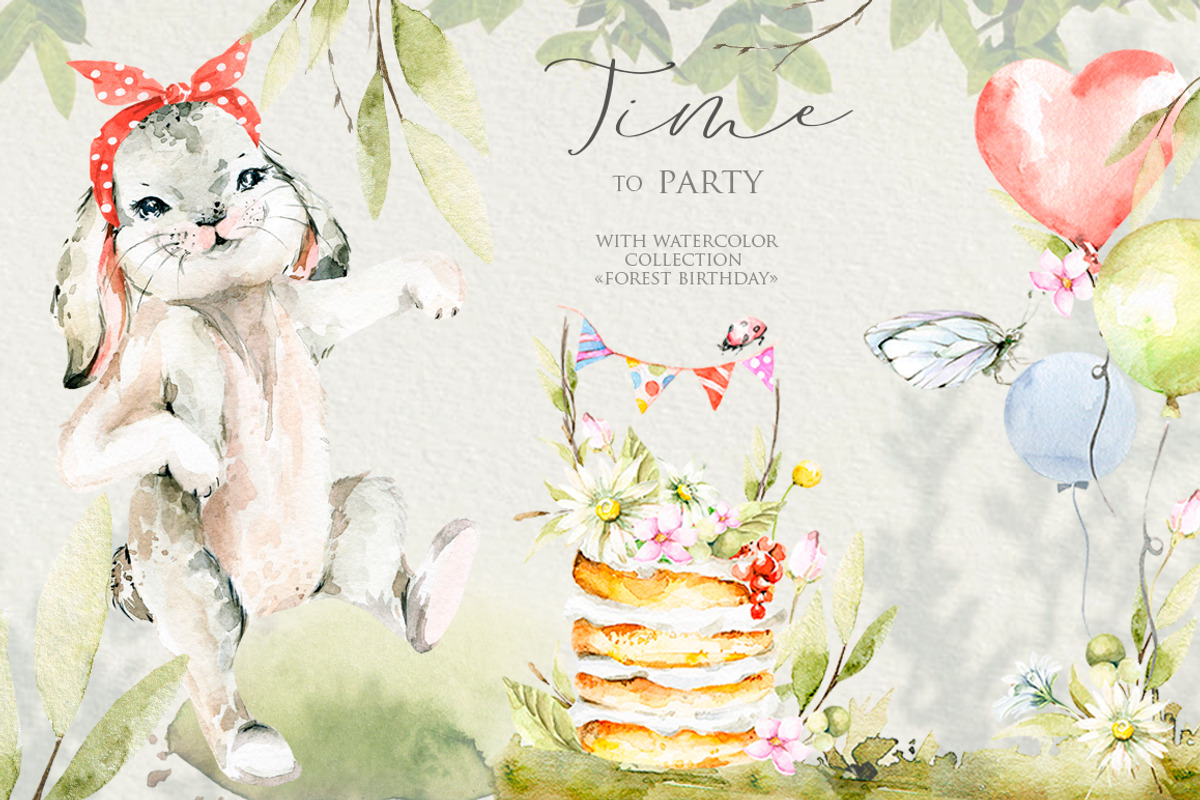 Forest birthday Watercolor clipart, an Animal Illustration by 60secondsArt