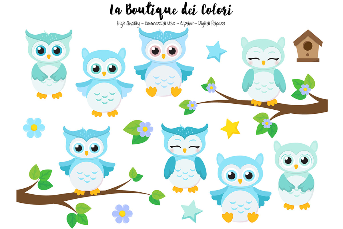 Cute Blue Baby Owls Clipart, an Animal Illustration by La Boutique dei ...
