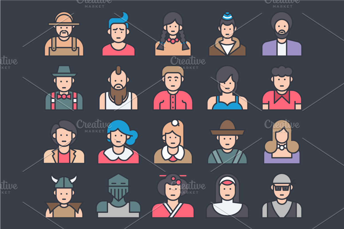 100 Avatar Colored Line Vector Icons, an Outline Icon by Prosymbols