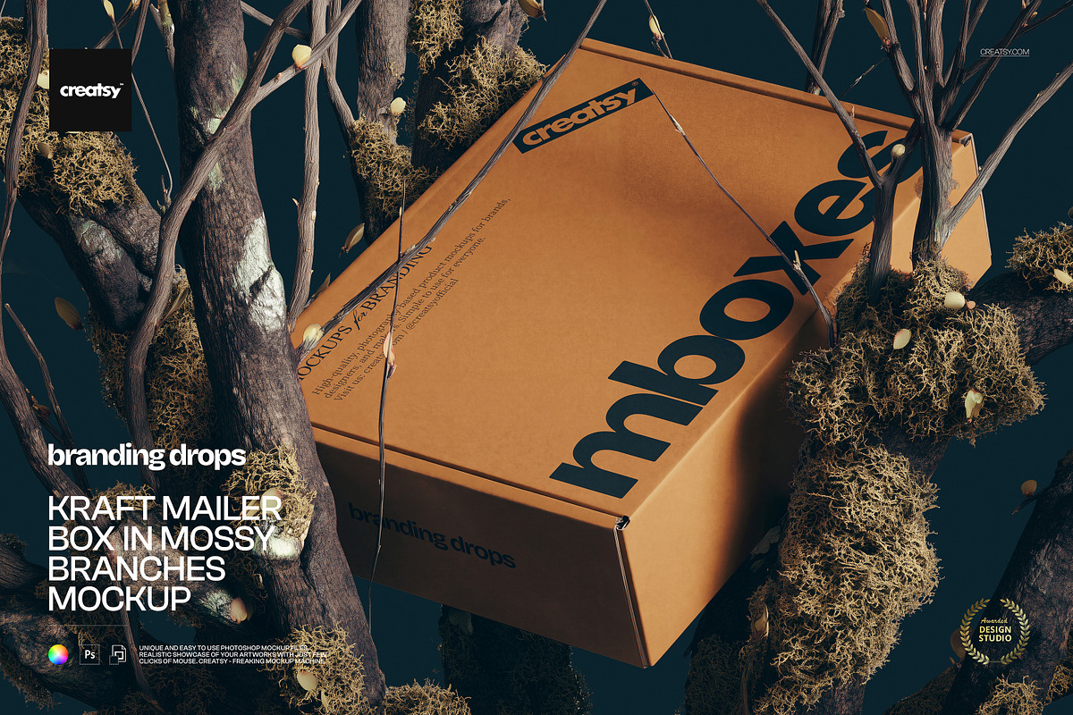 Kraft Mailer Box in Branches Mockup, a Packaging Mockup by creatsy5