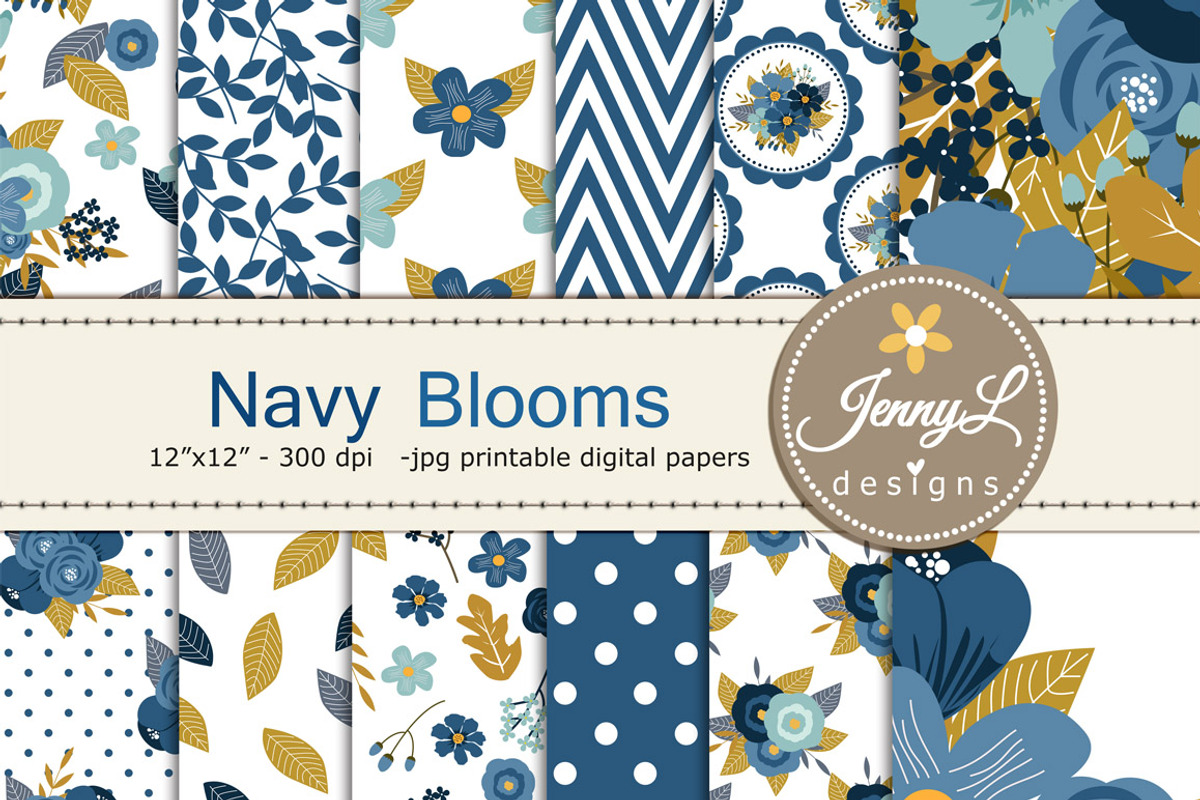 Navy Blue Floral Digital Papers, a Pattern Graphic by JennyL Designs