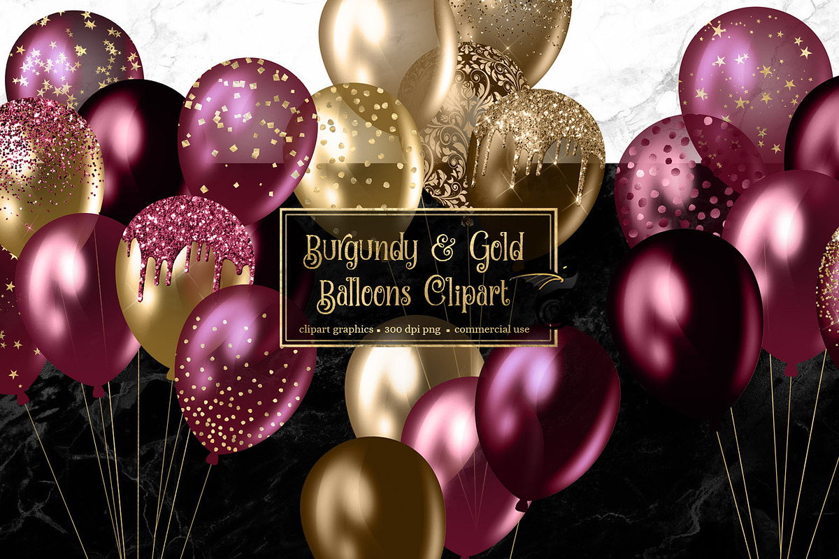 Burgundy and Gold Balloons Clipart, an Illustration by Digital Curio