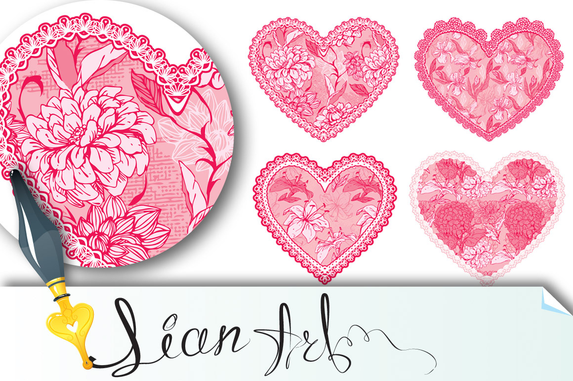 Set of 4 Pink fine lace hearts, a Decorative Illustration by Lian-art ...