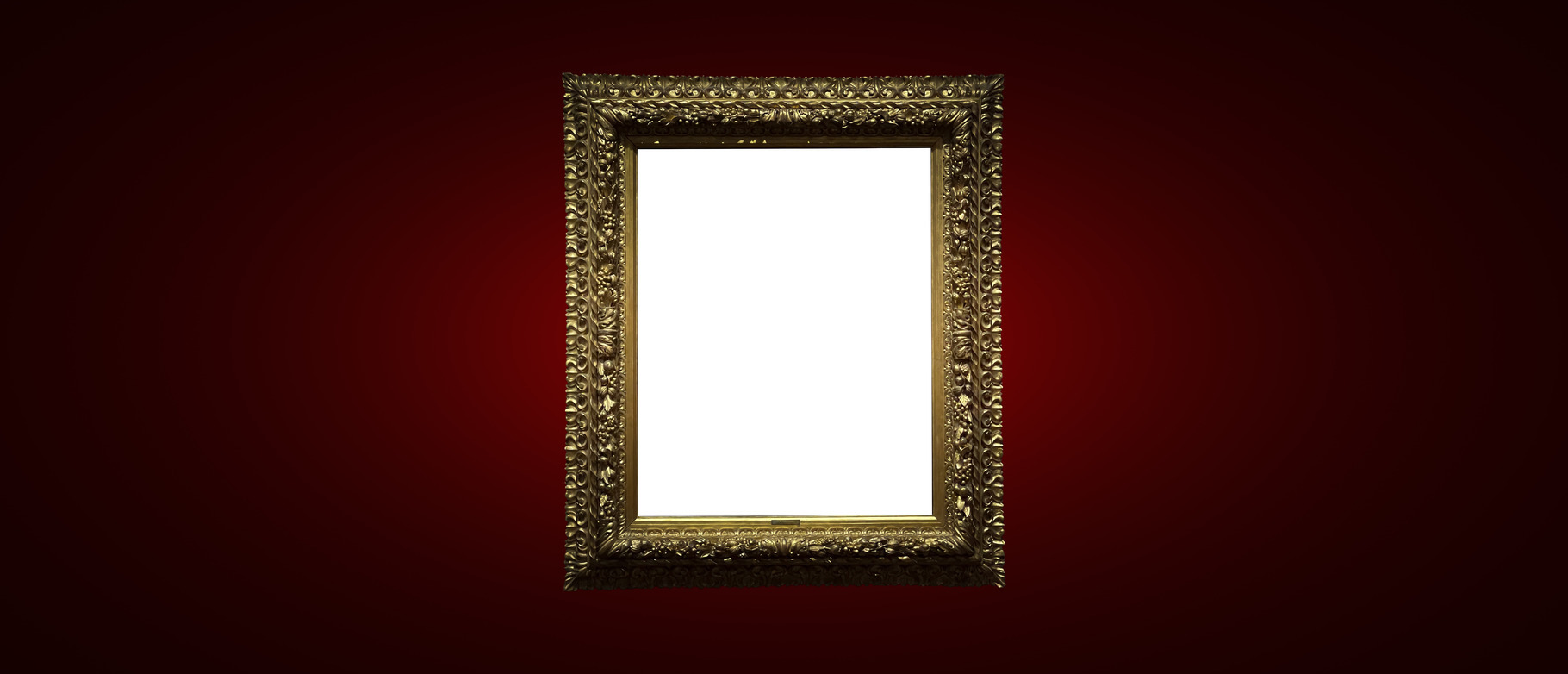 Antique art fair gallery frame on royal red wall at auction hous, an ...