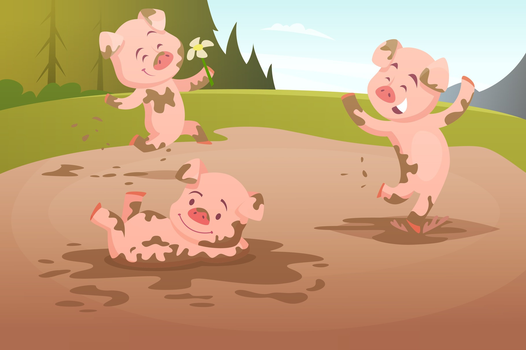 Kids pigs playing in dirty puddle, a Graphic by Onyx