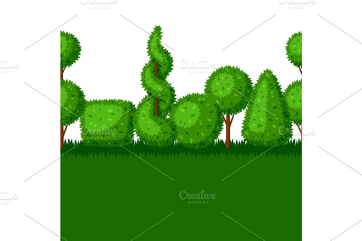 Boxwood topiary garden plants. Seamless border with decorative trees, a ...