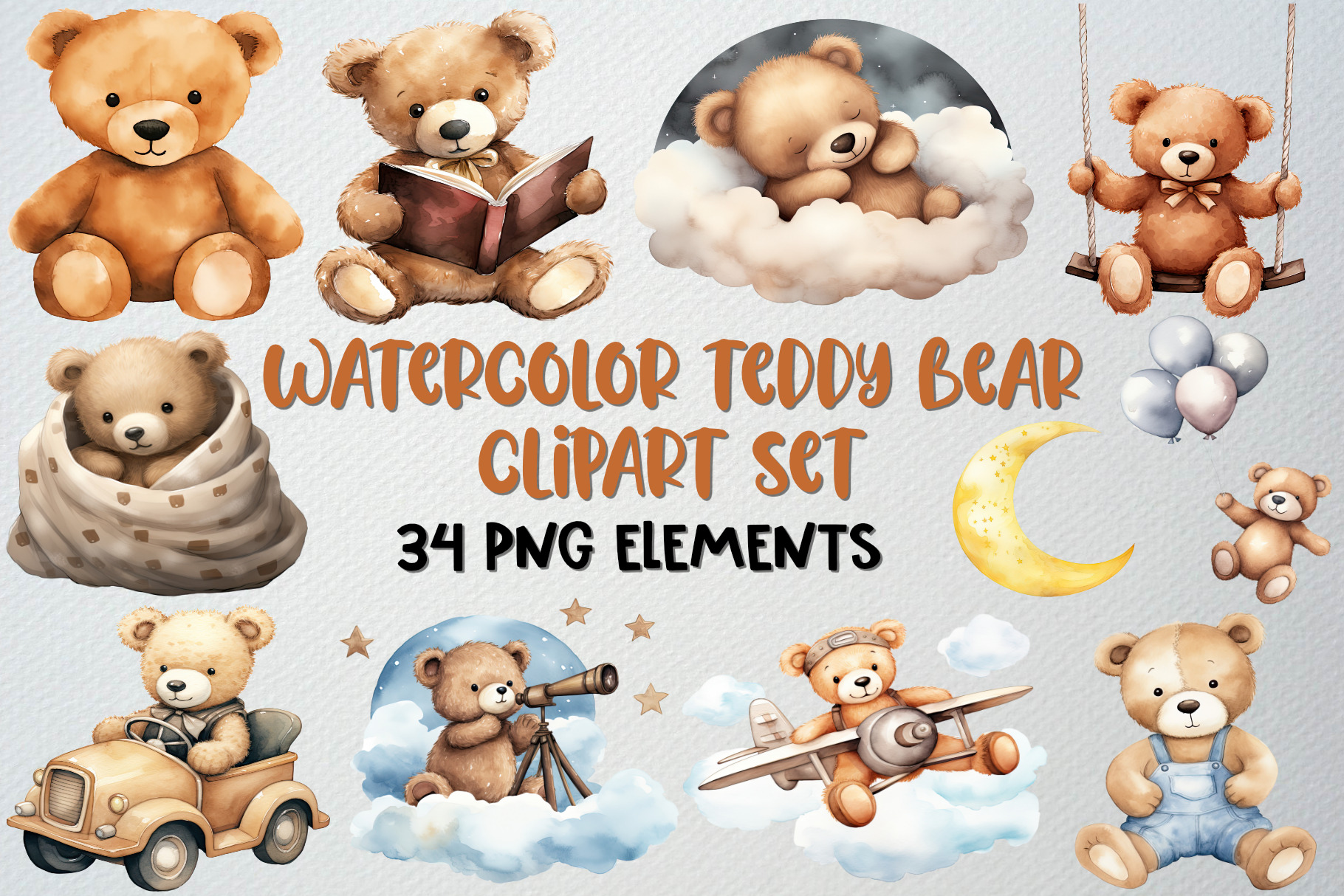 Watercolor Teddy Bear Clipart Set