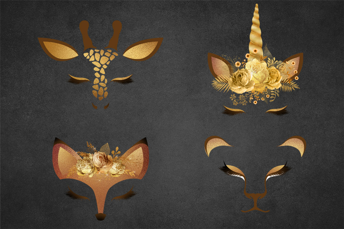 Gold Animal Faces Clipart, an Animal Illustration by Digital Curio