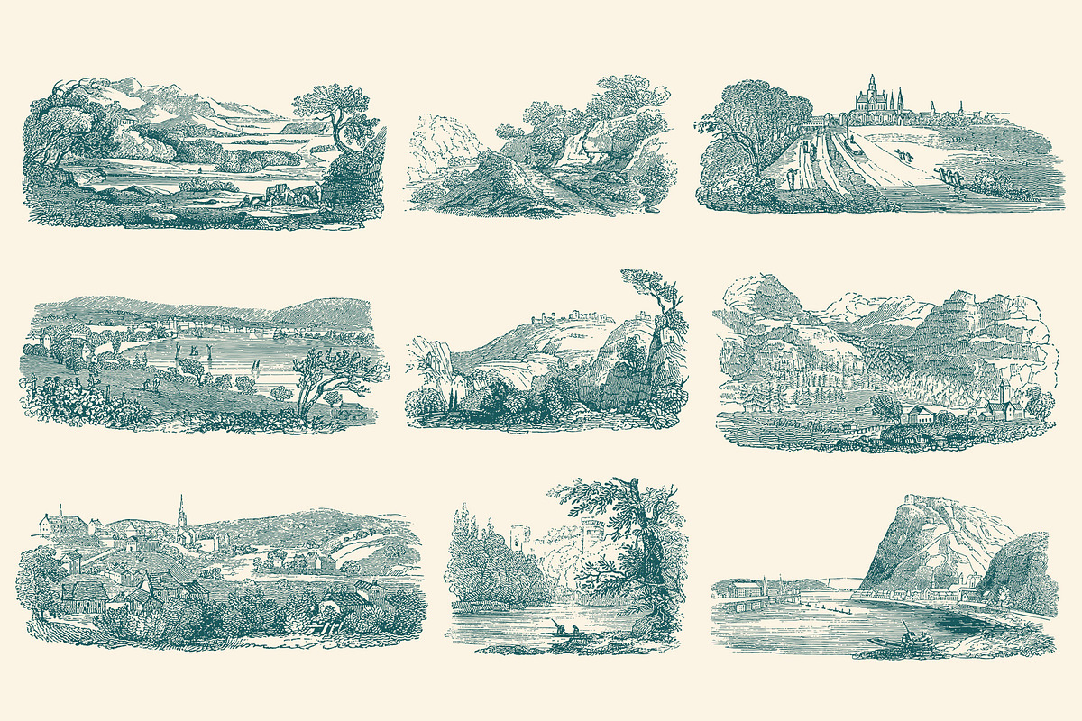 Vintage Landscape Illustrations, an Illustration by Graphic Goods