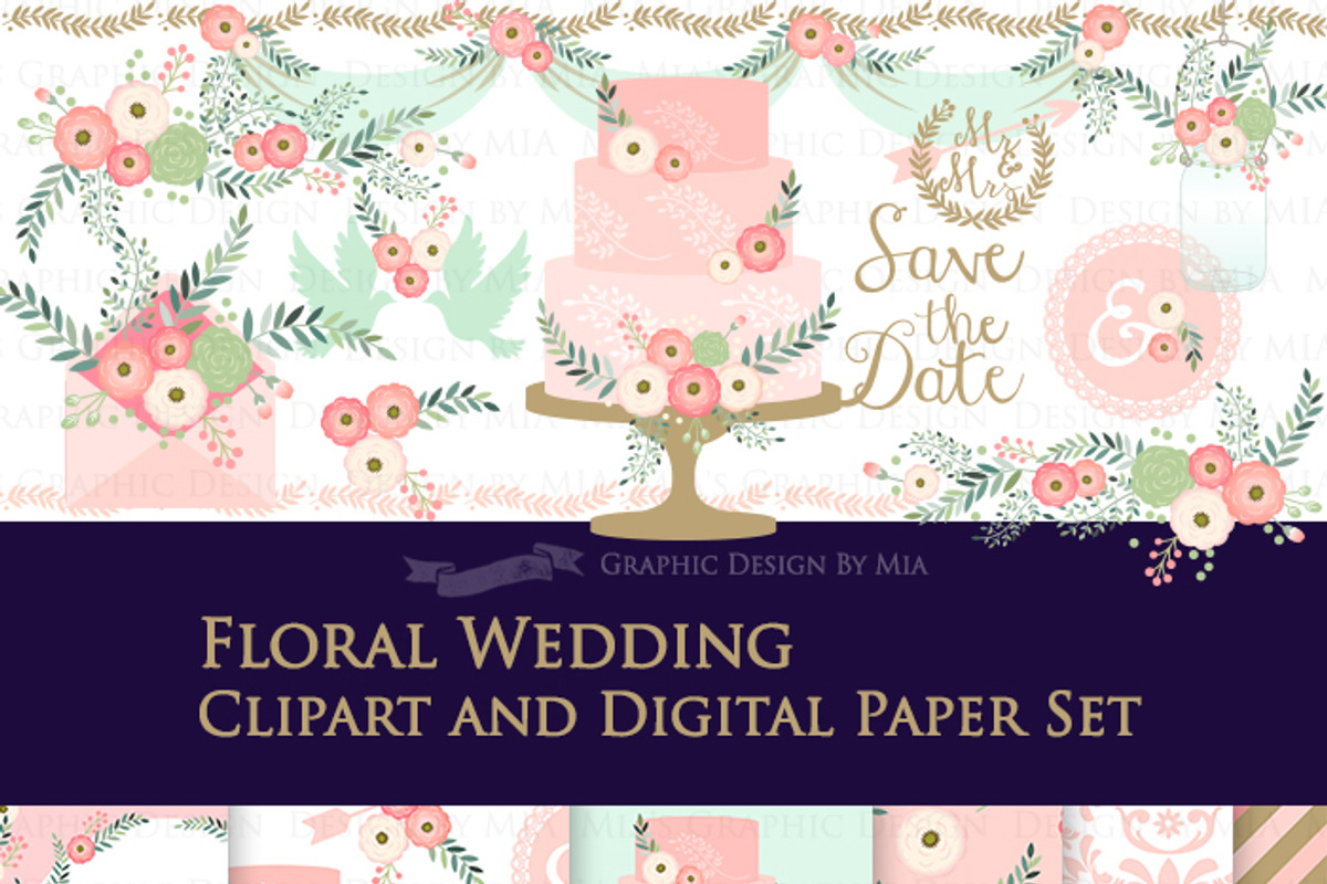 Floral Wedding Clipart+Pattern set, an Illustration by Mia's Graphic Design