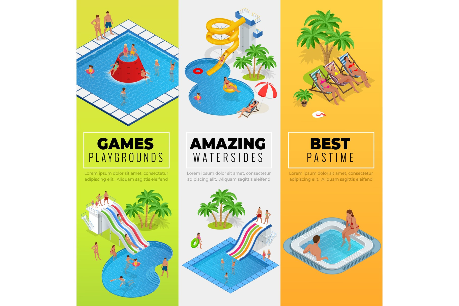 Aquapark vertical web banners with different water slides, family water ...