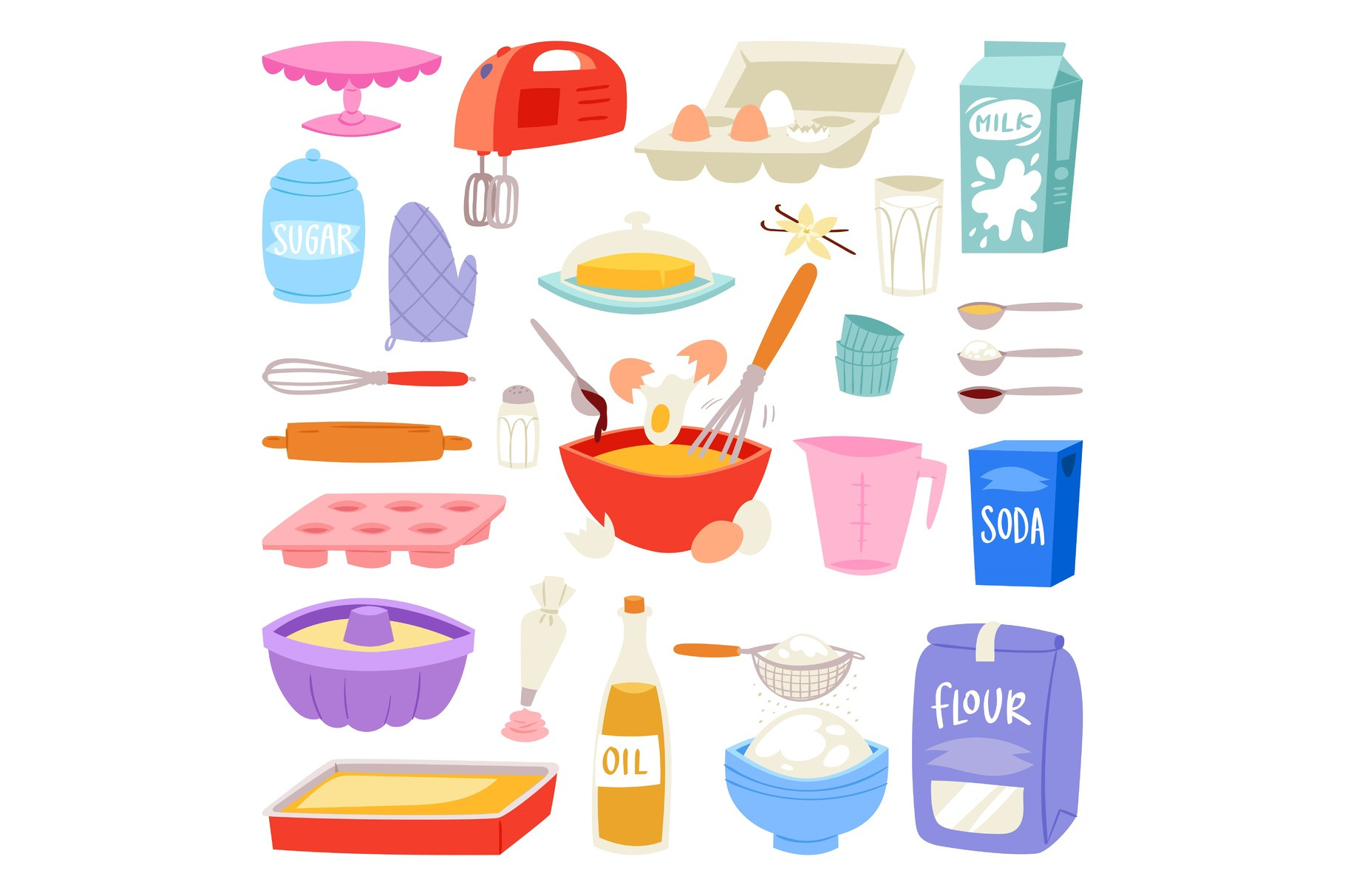 Bakery ingredients vector food and kitchenware for baking cake set of ...