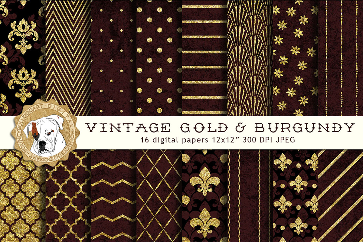 Gold and Burgundy Digital Paper, a Pattern Graphic by BouncyBulldog