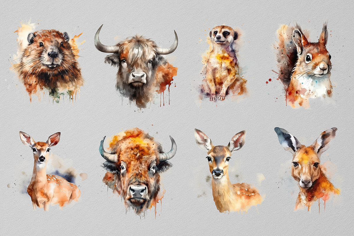 100 Watercolor Animal Portraits, an Animal Illustration by Graphicdome