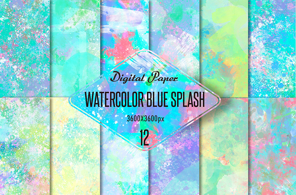 Watercolor blue splash-digital paper, a Pattern Graphic by JAY MID IMAGE