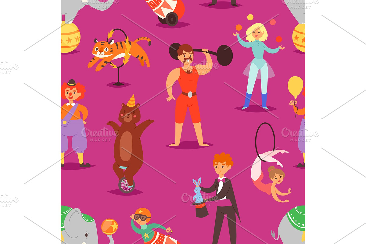 Circus people vector acrobat and clown with trained animals characters ...