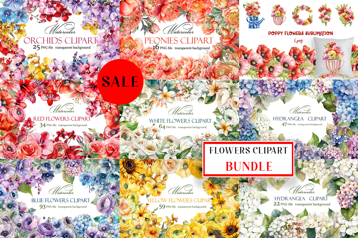 Flowers Watercolor Clipart Bundle, a Decorative Illustration by ...