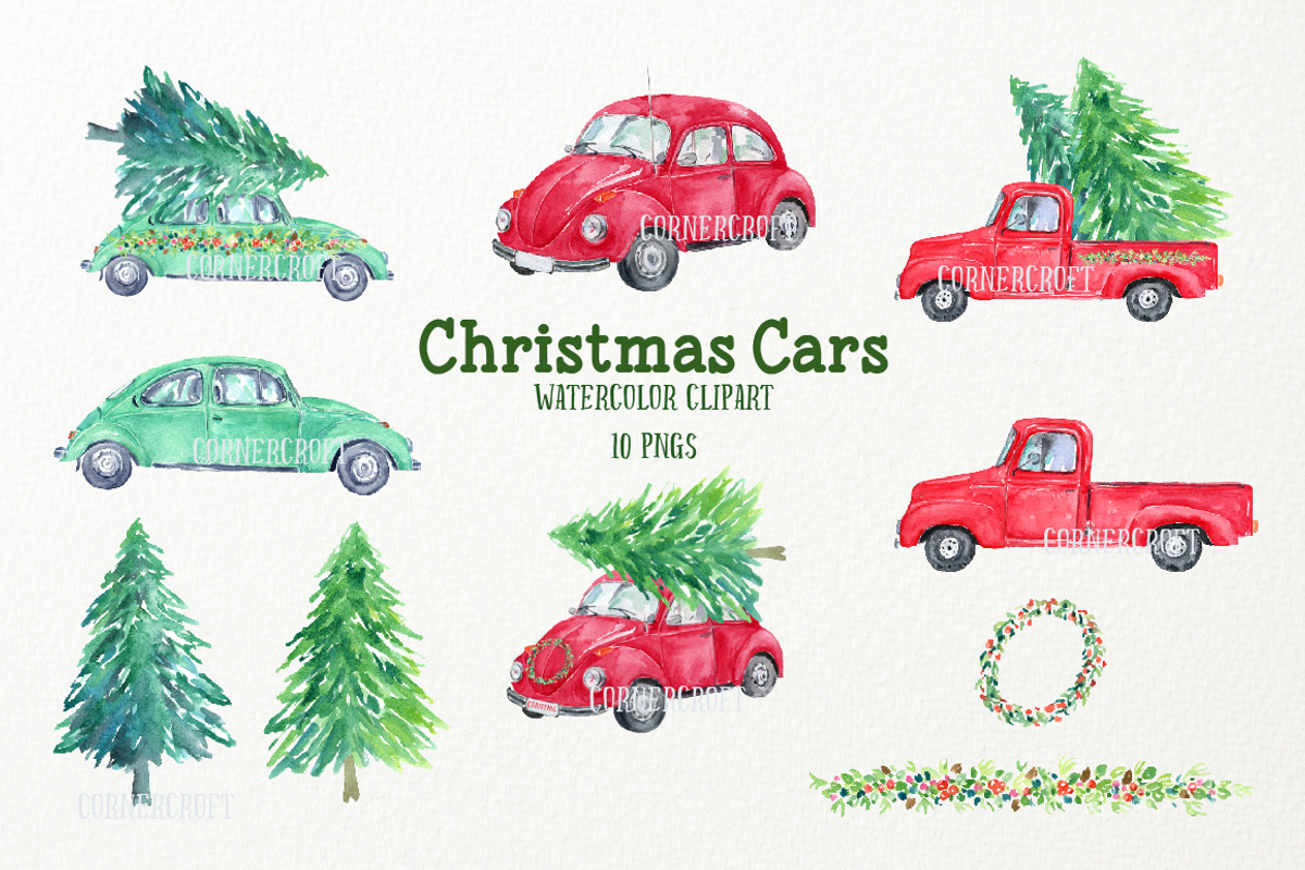 Watercolor Christmas Cars, an Illustration by Corner Croft