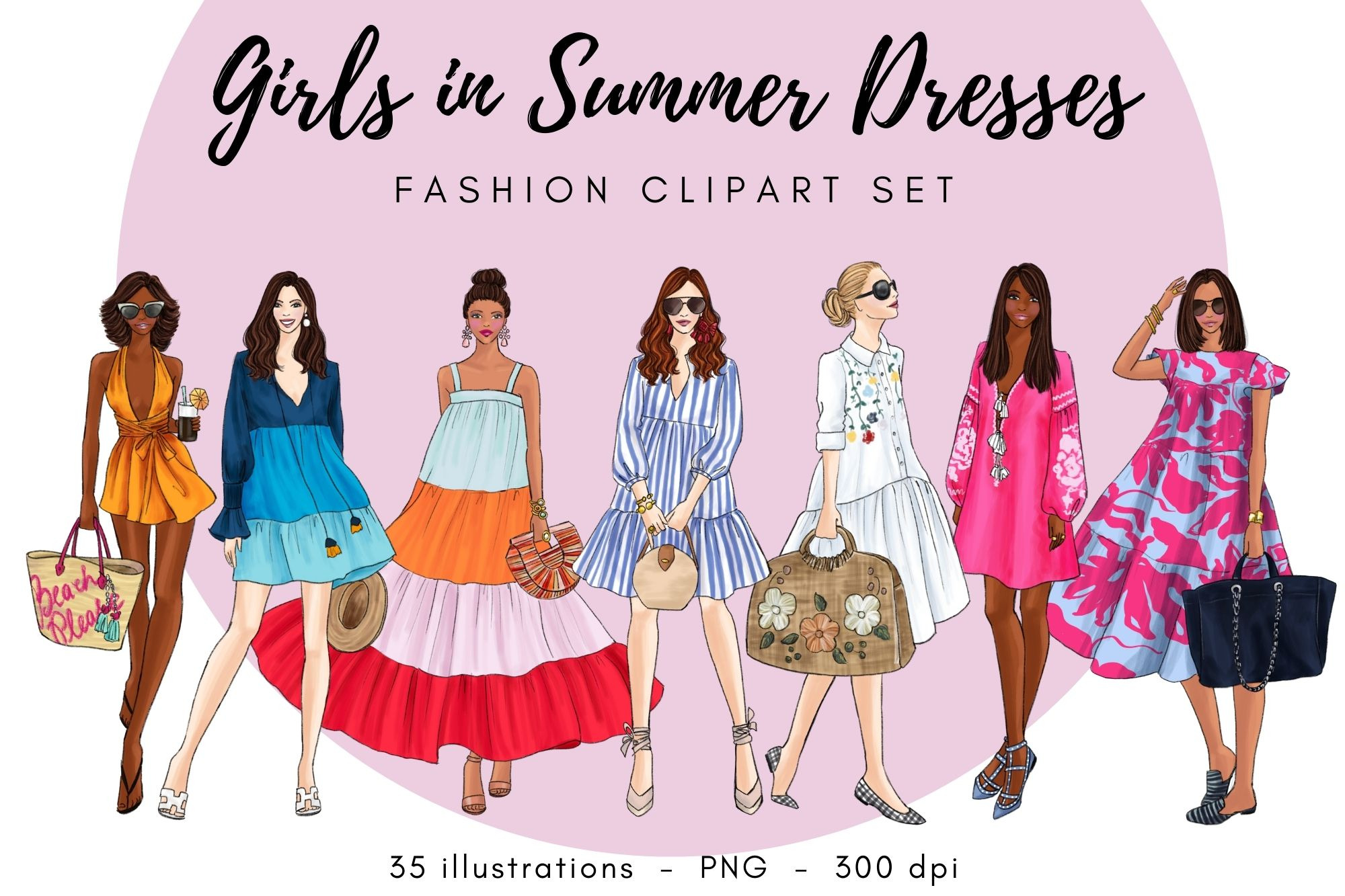 Girls in Summer Dresses clipart set, a Work Illustration by Parinaz ...