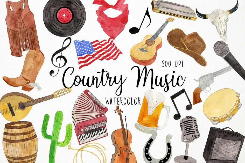 Watercolor Country Music Clipart, an Illustration by Paulaparaula