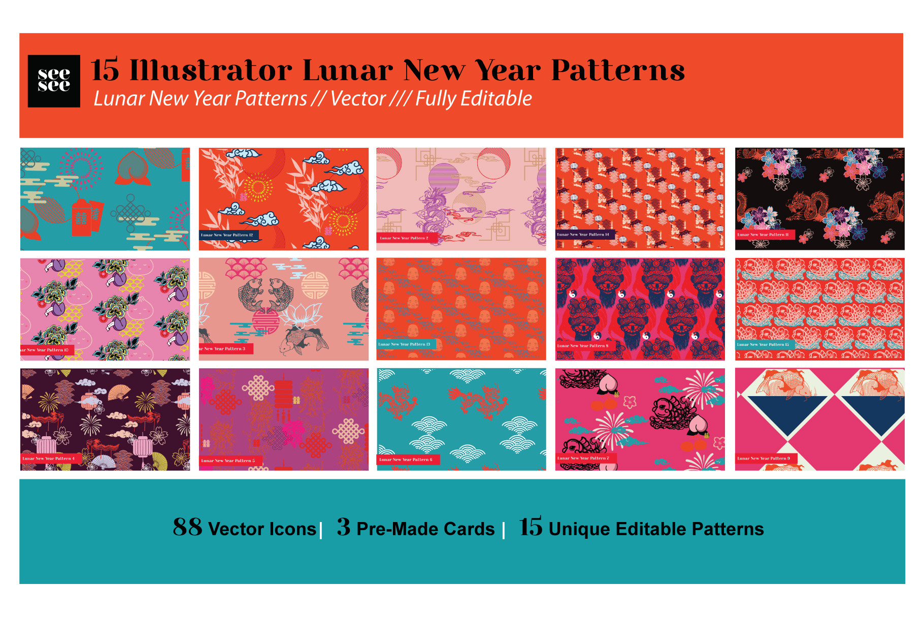 15 Vector Lunar New Year Patterns, a Pattern Graphic by CC CREATIVE CO