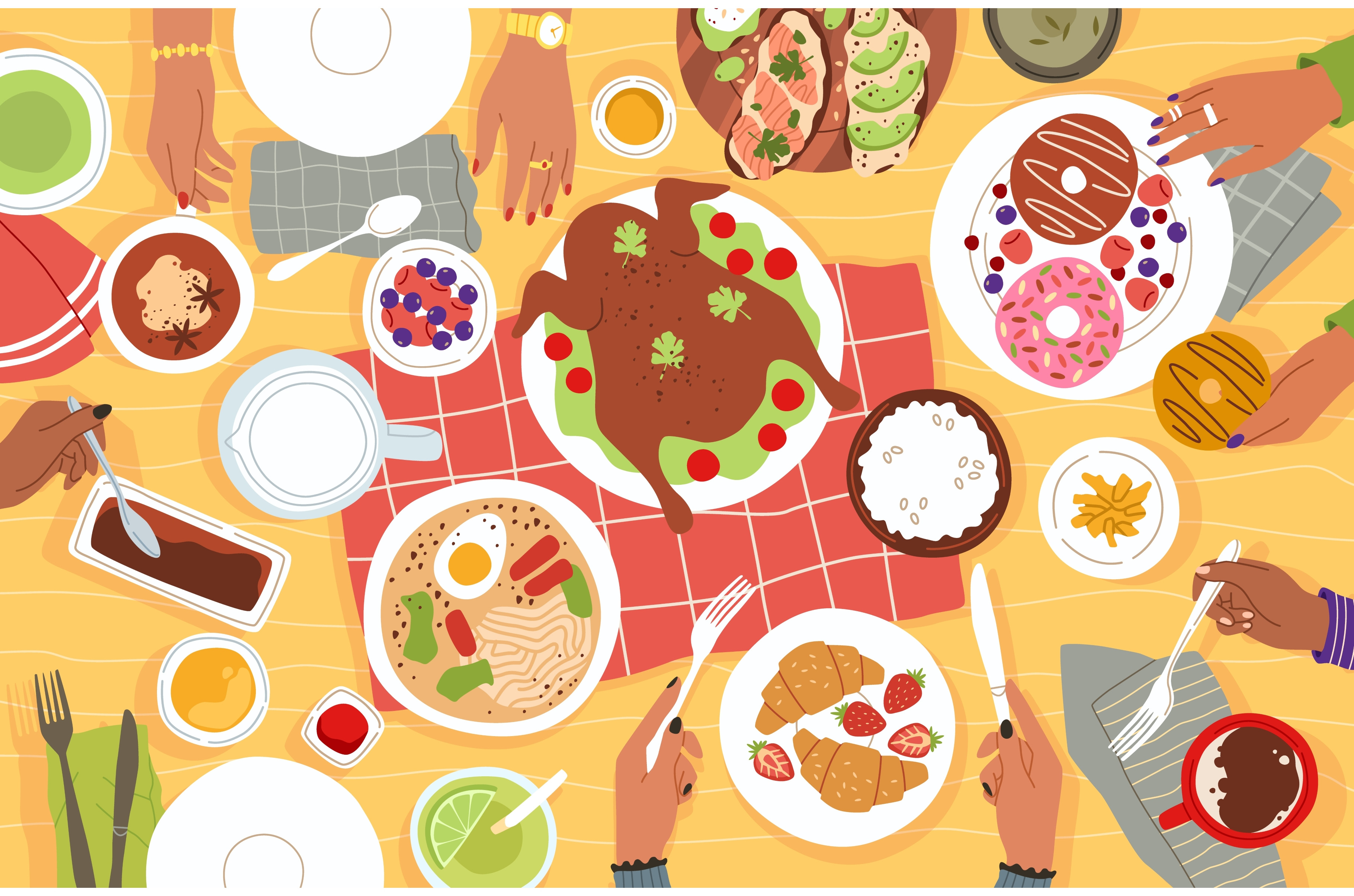 Lunch top view. Cartoon people, a Food Illustration by YummyBuum
