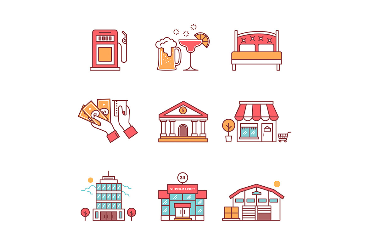 Commercial buildings sings set, a Food Illustration by Iconicbestiary