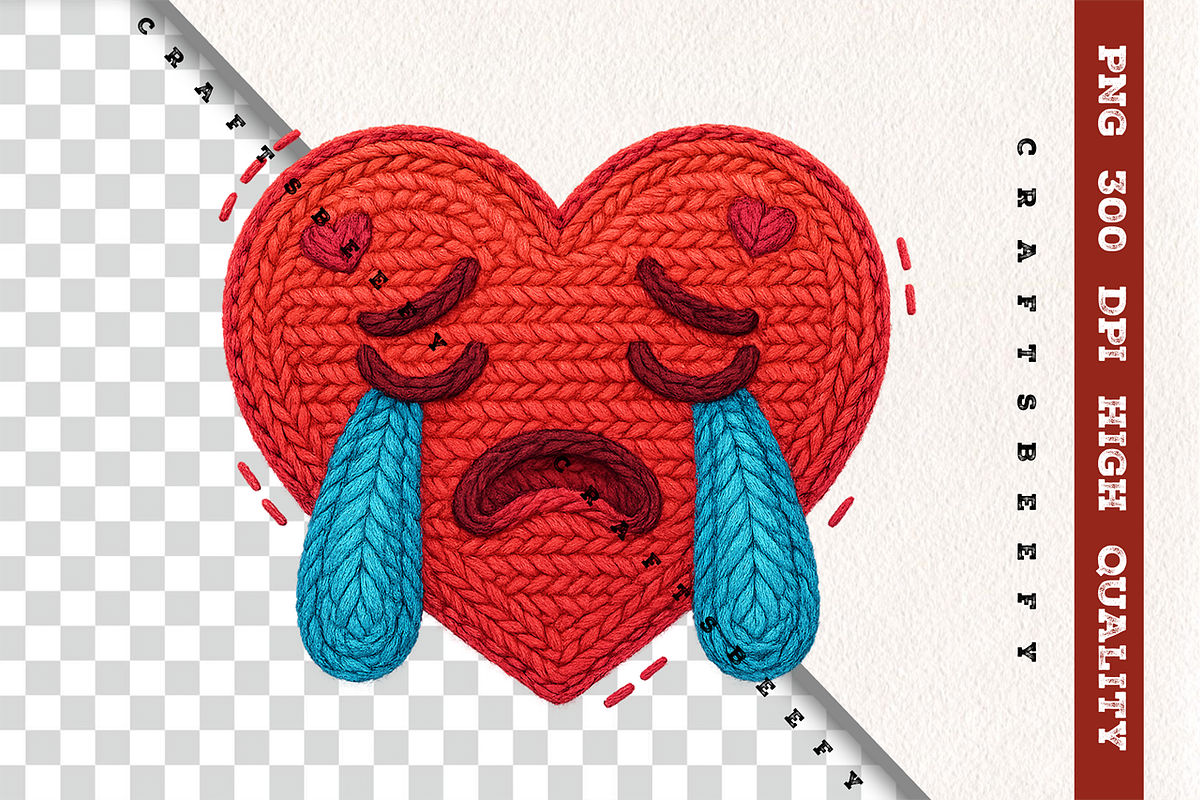 Faux Crochet Crying Heart PNG Sad
