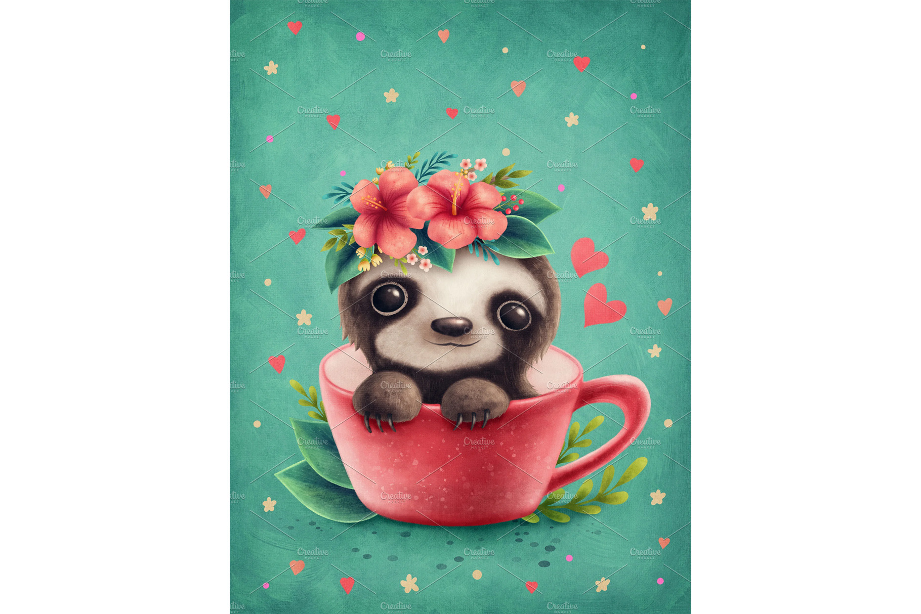 Small cute sloth in a teacup, an Animal Illustration by EleSArtDesign