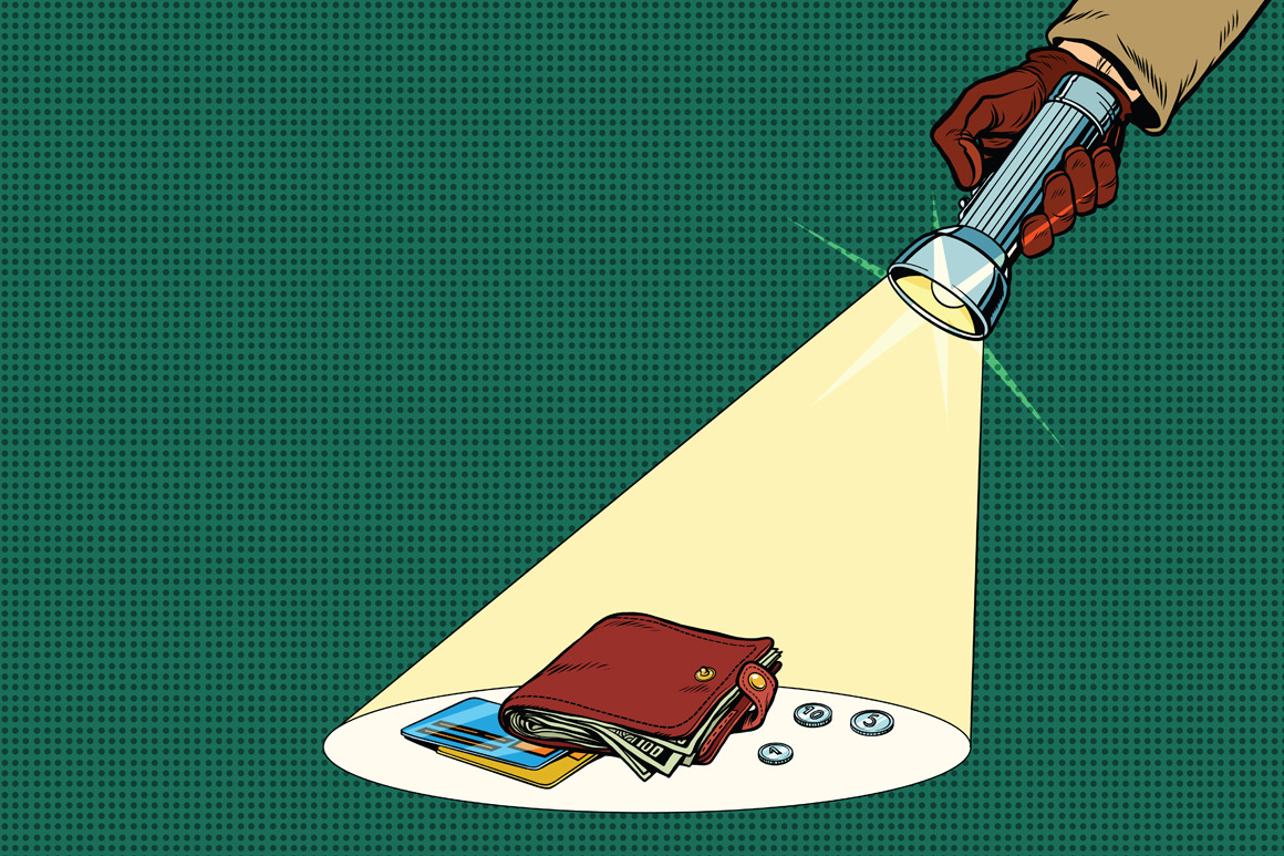 flashlight beam shines on wallet, a Finance Illustration by studiostoks