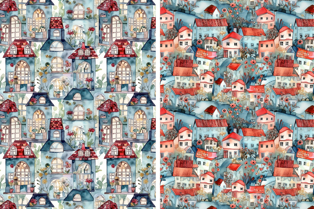 Seamless patterns pretty houses, a Pattern Graphic by Bubert Art