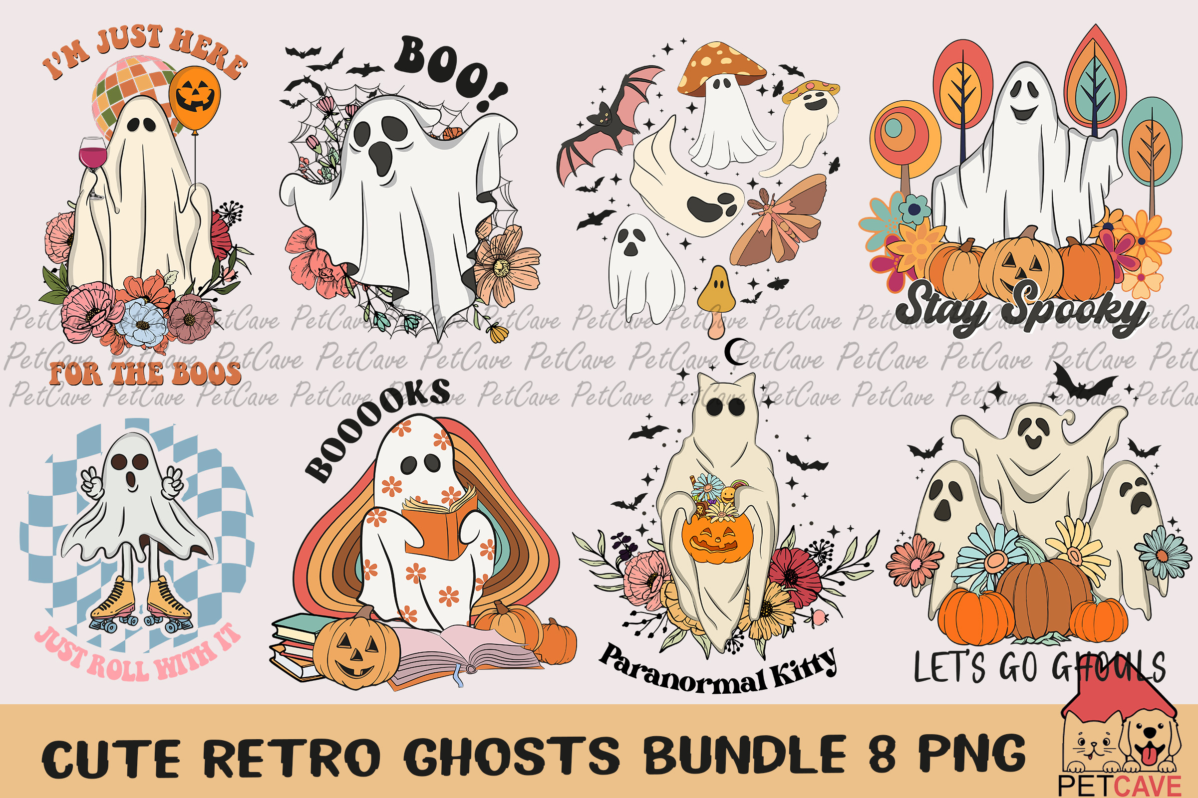 Cute Retro Ghosts Bundle 8 PNG, an Illustration by Pet Cave