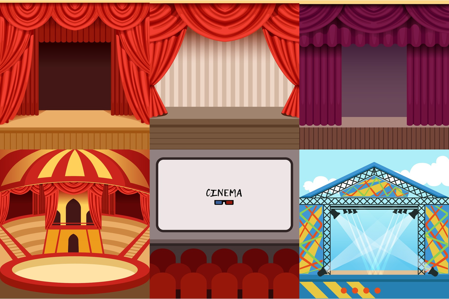 Different colorful cartoon stages set, an Object Graphic by TopVectors