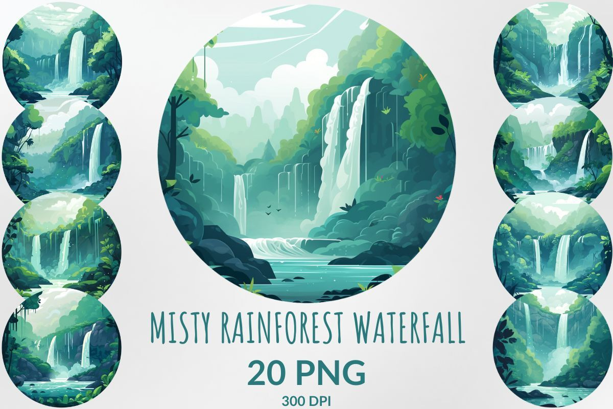 Misty Rainforest Waterfall Clipart, a Decorative Illustration by ...