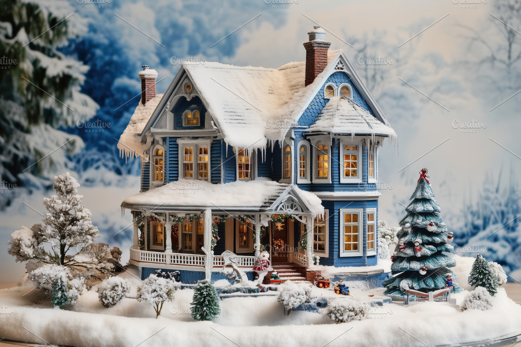 A beautifully crafted miniature winter scene featuring a blue Victorian ...