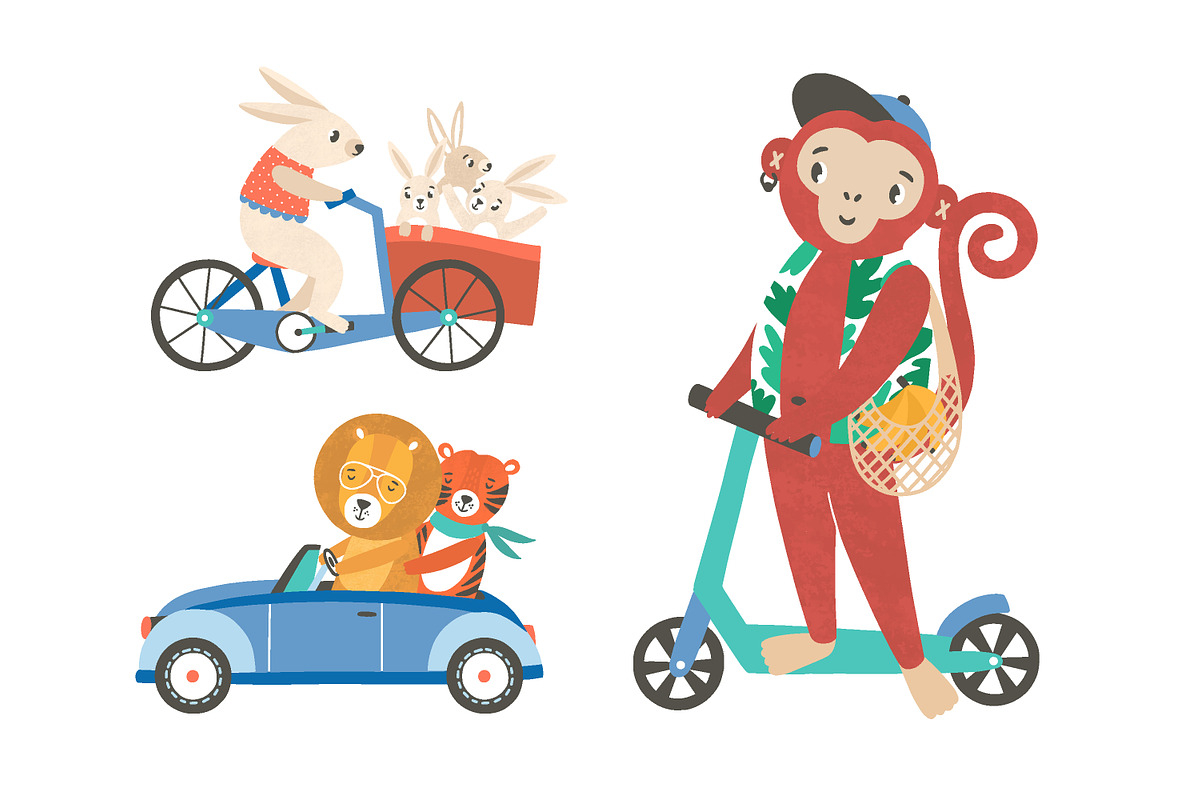 Cute animals with vehicles, an Animal Illustration by Good Studio