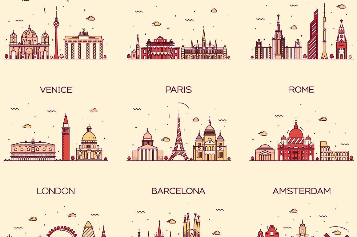 Set of 9 Europe cities skylines, an Illustration by TheMountBirdStudio