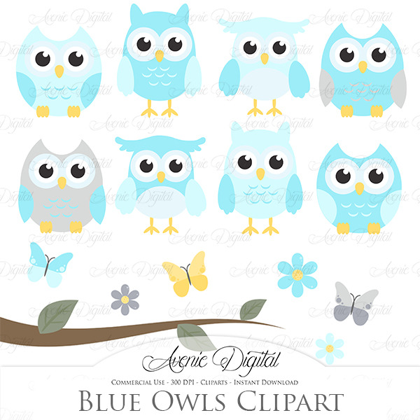 Blue and Grey Owl Cliparts - Vectors, an Illustration by Avenie Digital