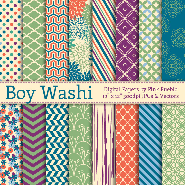 Boy Washi Digital Papers, a Pattern Graphic by PinkPueblo