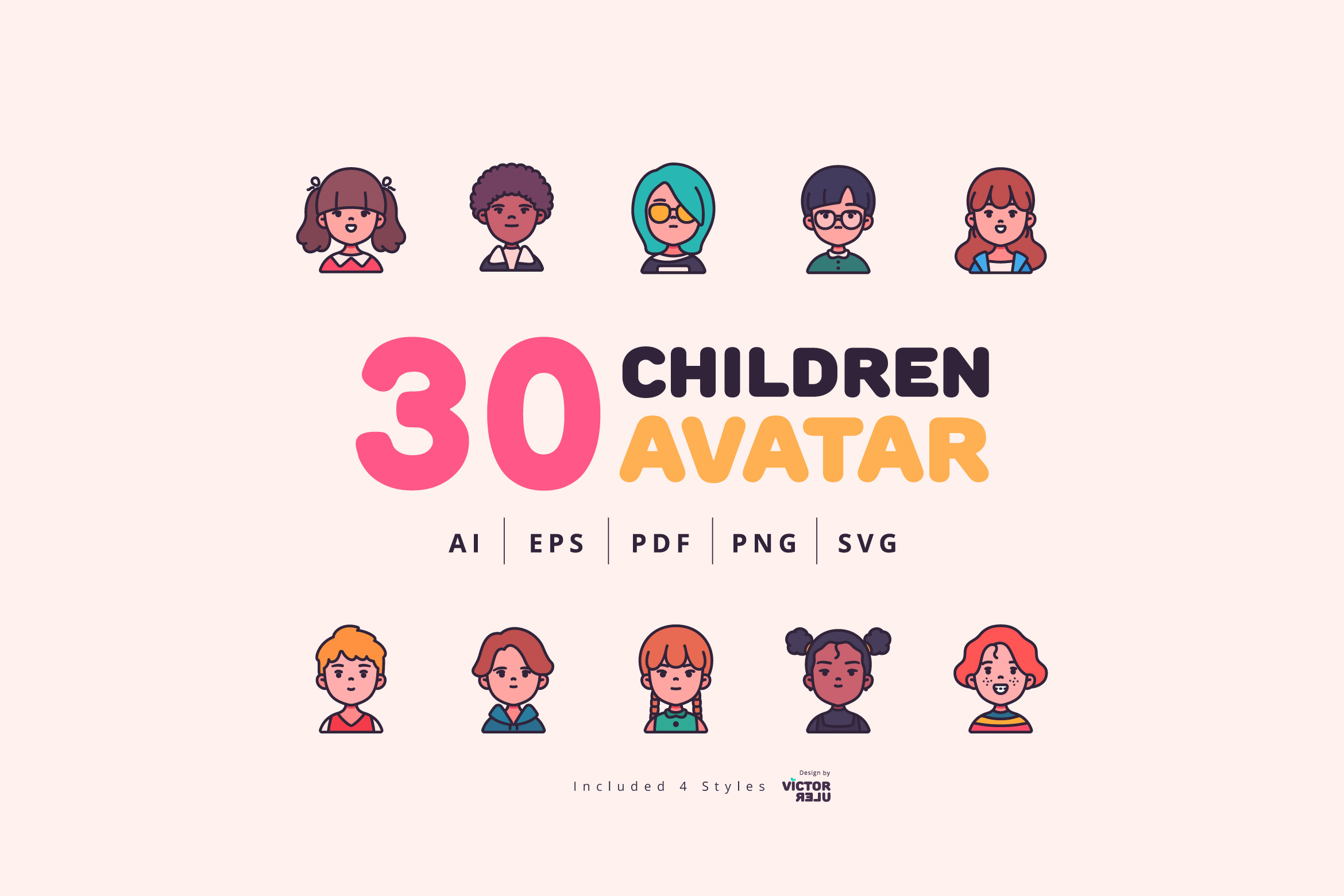 30 Children Avatar Design Icons, an Icon by Victoruler
