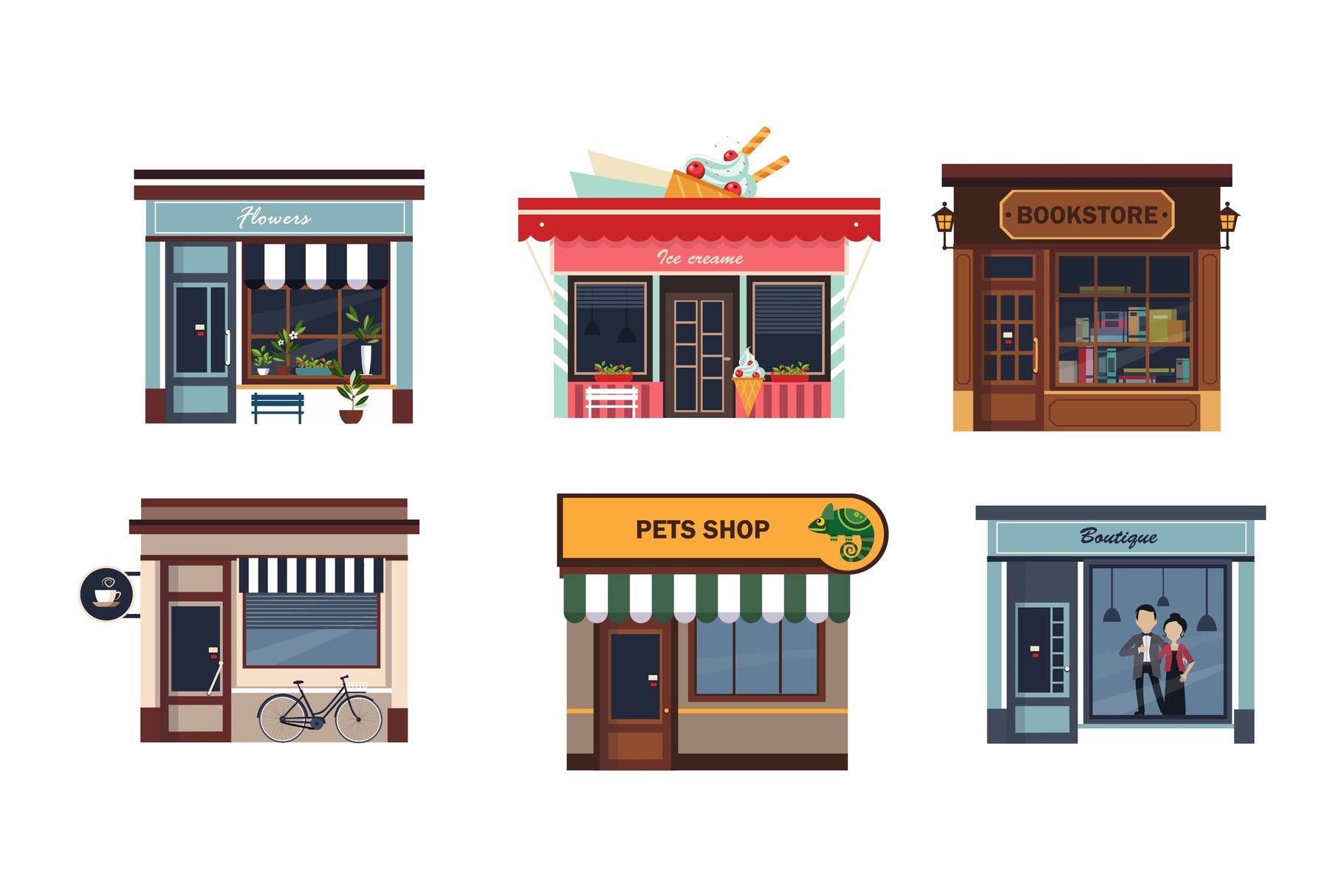 Facades of various shops set, an Object Illustration by TopVectors