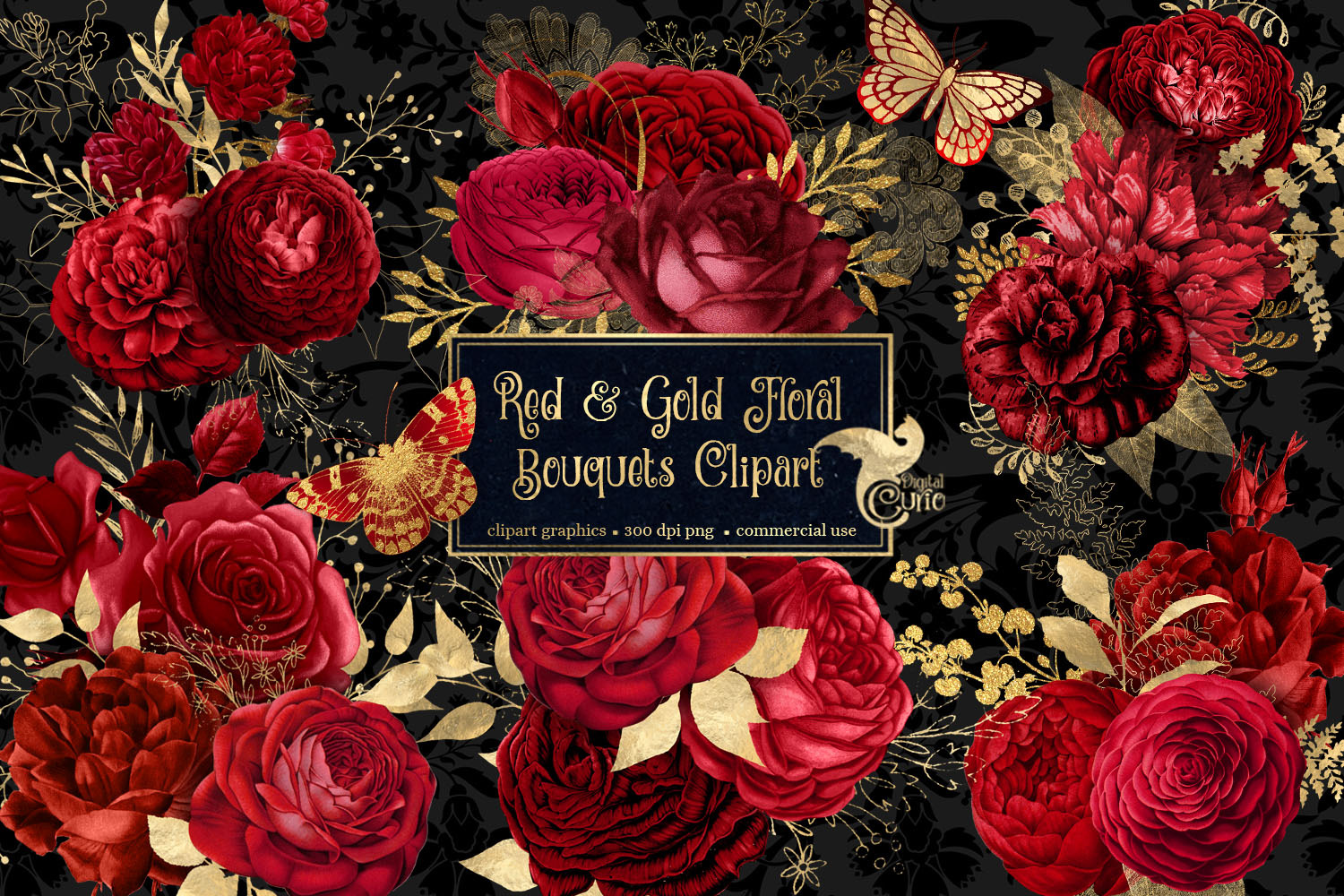 Red and Gold Floral Clipart, an Illustration by Digital Curio