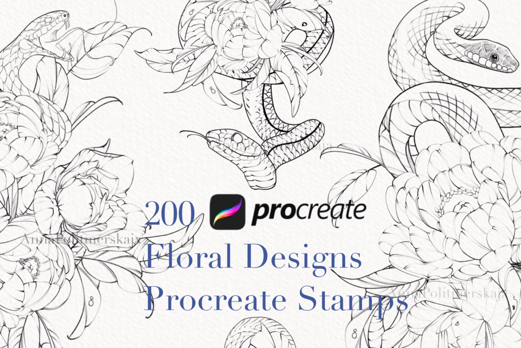 Procreate Snake stamps with flowers., a Brush Add-On by AnnaPolitmerskaja