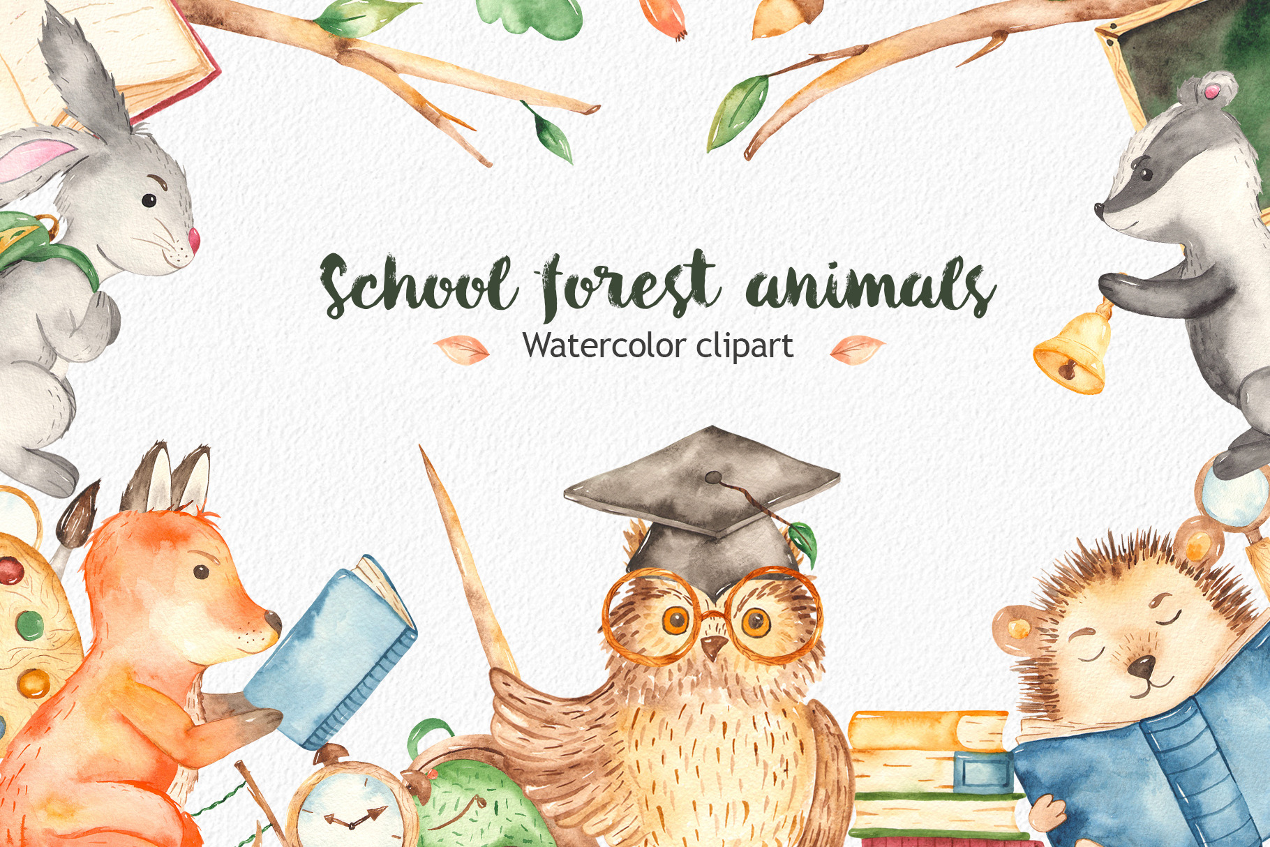 School forest animals Watercolor, an Animal Illustration by Marina Ermakova
