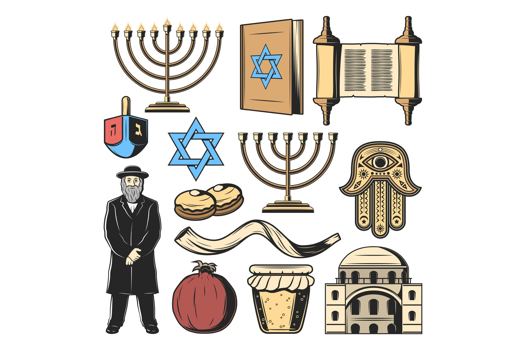 Jewish religion symbols, culture, an Illustration by Vector Tradition
