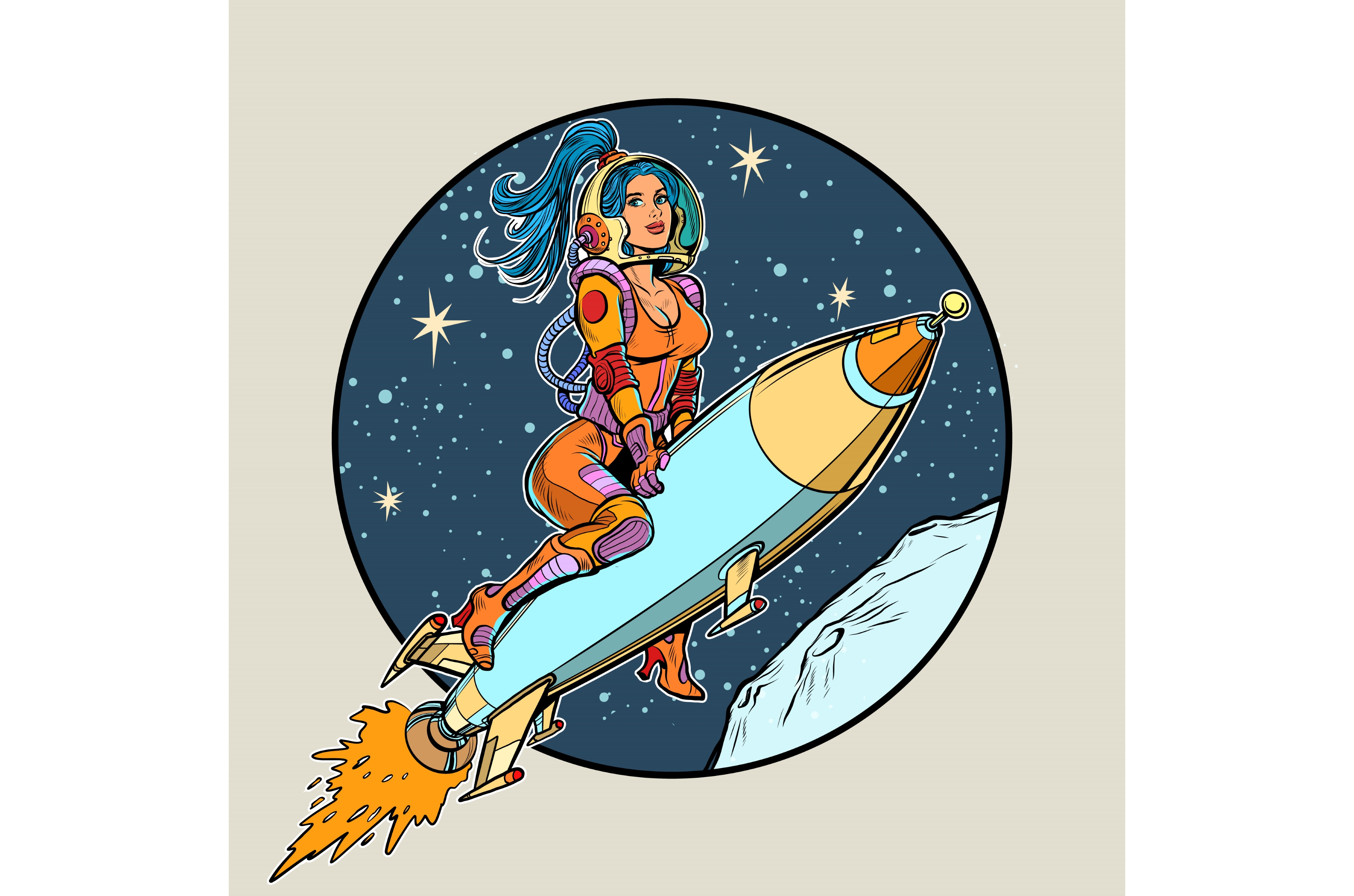 Pin up girl astronaut on rocket, an Illustration by studiostoks