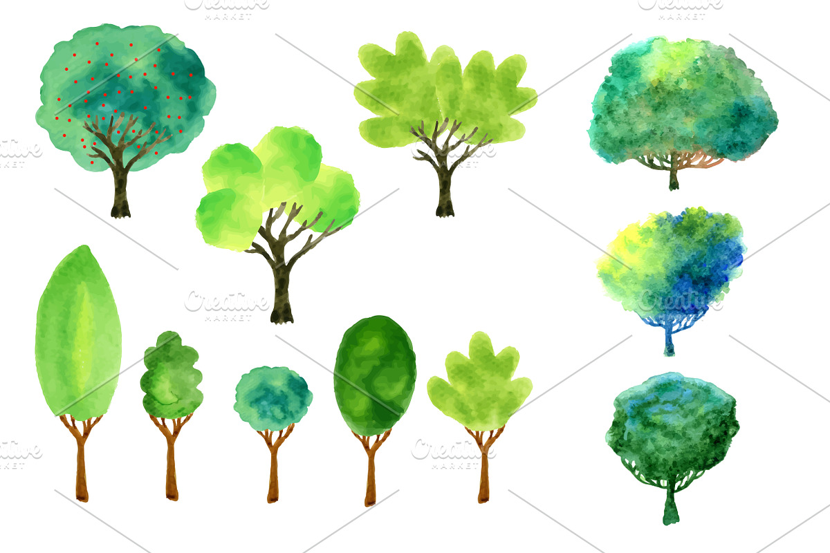 Watercolor trees collection, an Illustration by inkionia♥